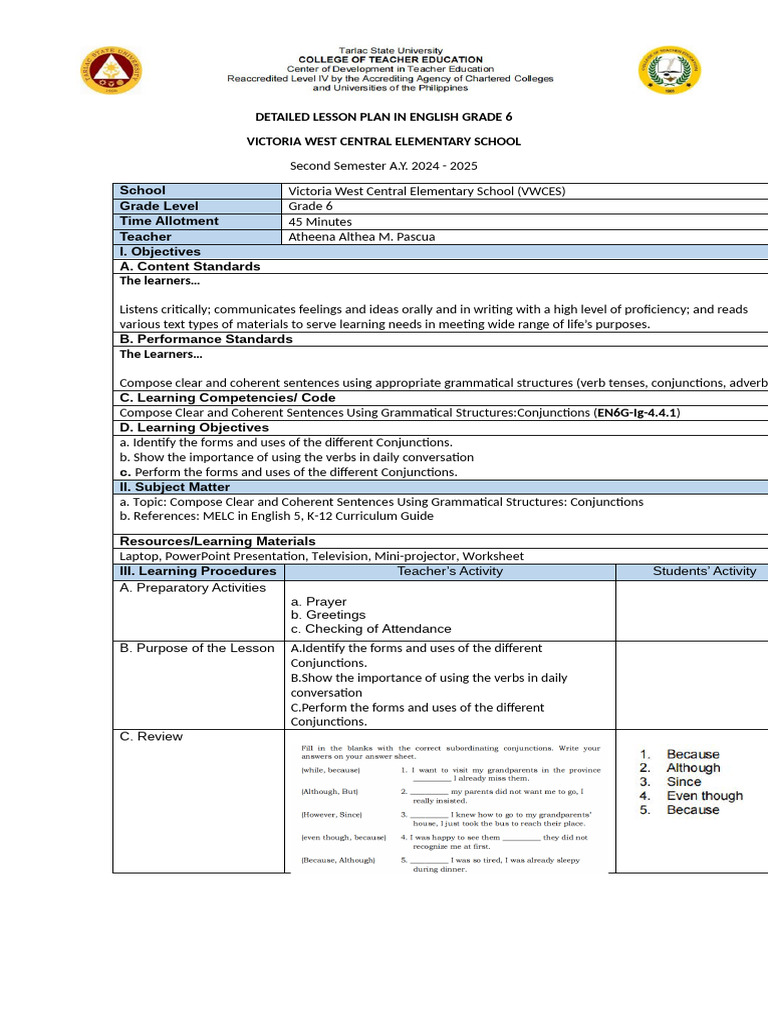 DLP Grade 6 Subordinating Conjunction | PDF
