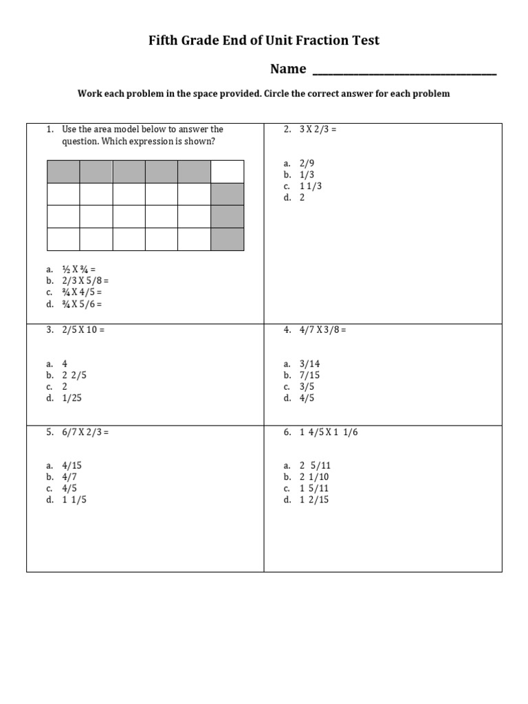 Fifth Grade Fraction Test | PDF | Mathematics | Baking