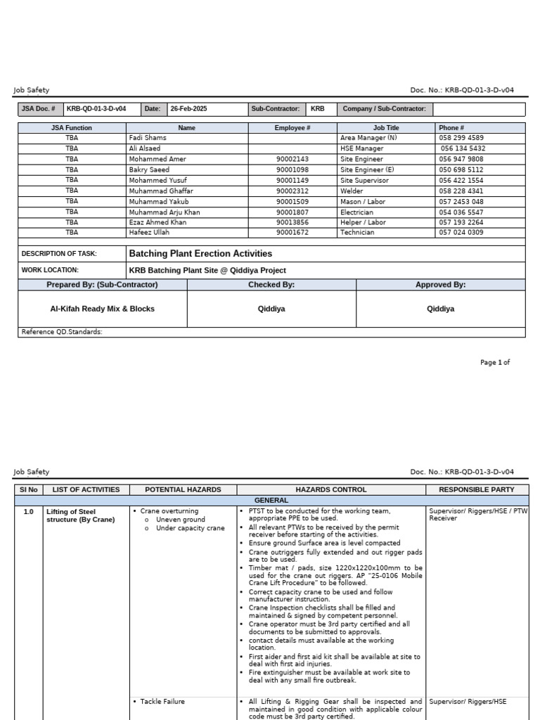 JSA - KRB-QD-01-3-D - Batching Plant Erection - Rev.0 | PDF | Crane (Machine) | Personal ...