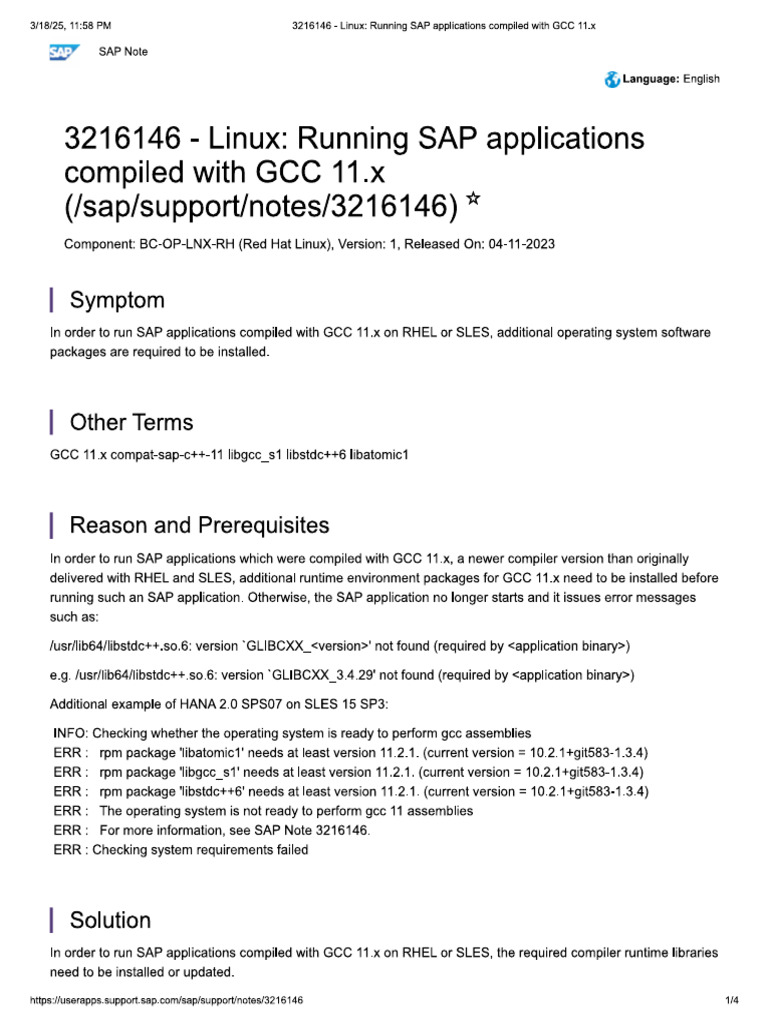 SAP Note 3216146 LINUX Running SAP Compiled Withh GCC 11x | PDF