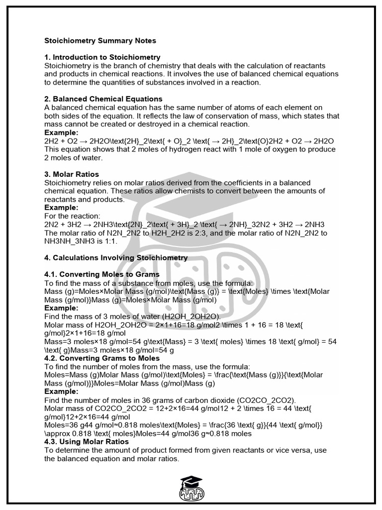 Summary Notes Stoichiometry | PDF | Stoichiometry | Mole (Unit)