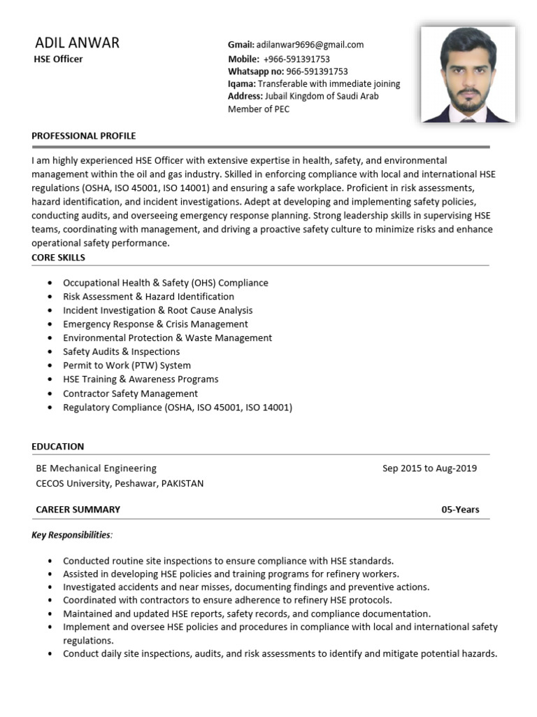 Adil Anwar HSE Officer | PDF | Regulatory Compliance | Safety