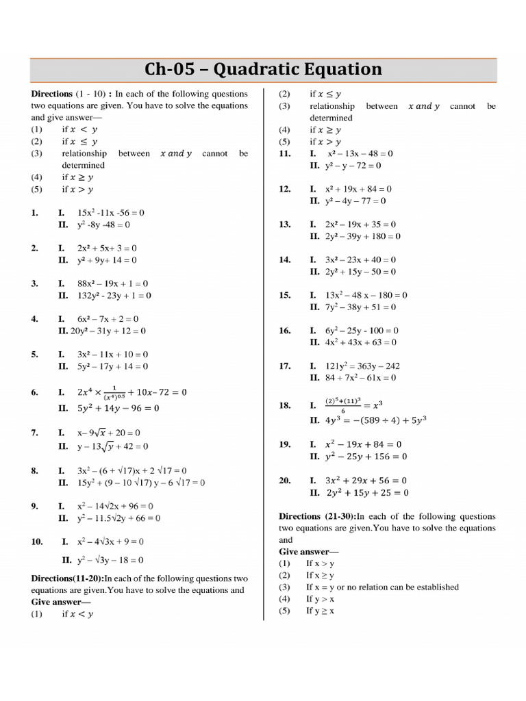 Quadratic Equation (SBI PO, Clerk) | PDF