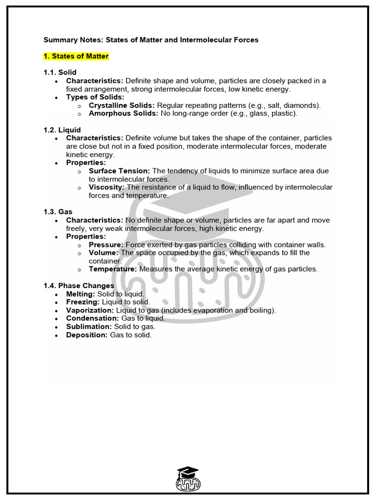 Summary Notes - States of Matter and Intermolecular Forces | PDF ...