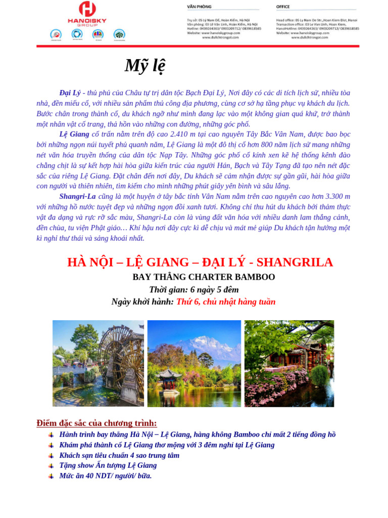HNG charter. 6N5D LỆ GIANG - ĐẠI LÝ - SHANGRILA 2025 | PDF