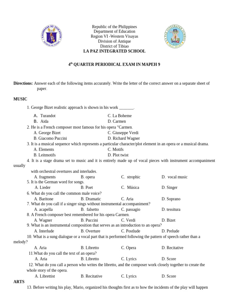 MAPEH 9 Periodical Exam Guide | PDF | Opera | Characters In Romeo And ...