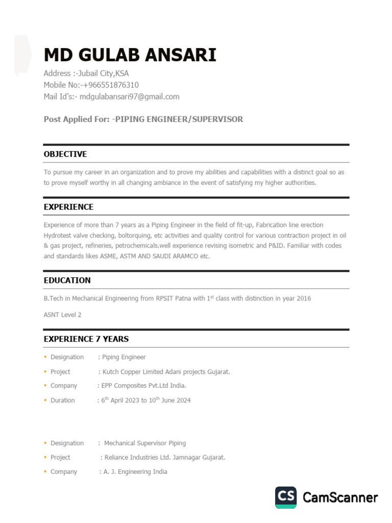 MD Gulab Piping CV | PDF | Pipe (Fluid Conveyance) | Gas Technologies