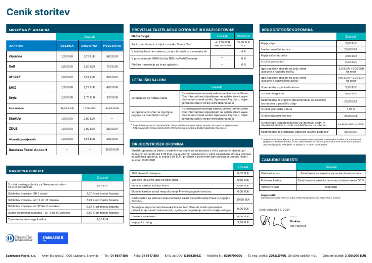 Erste Card Diners Club Cenik Storitev Veljaven Od 1-5-2024 Naprej | PDF