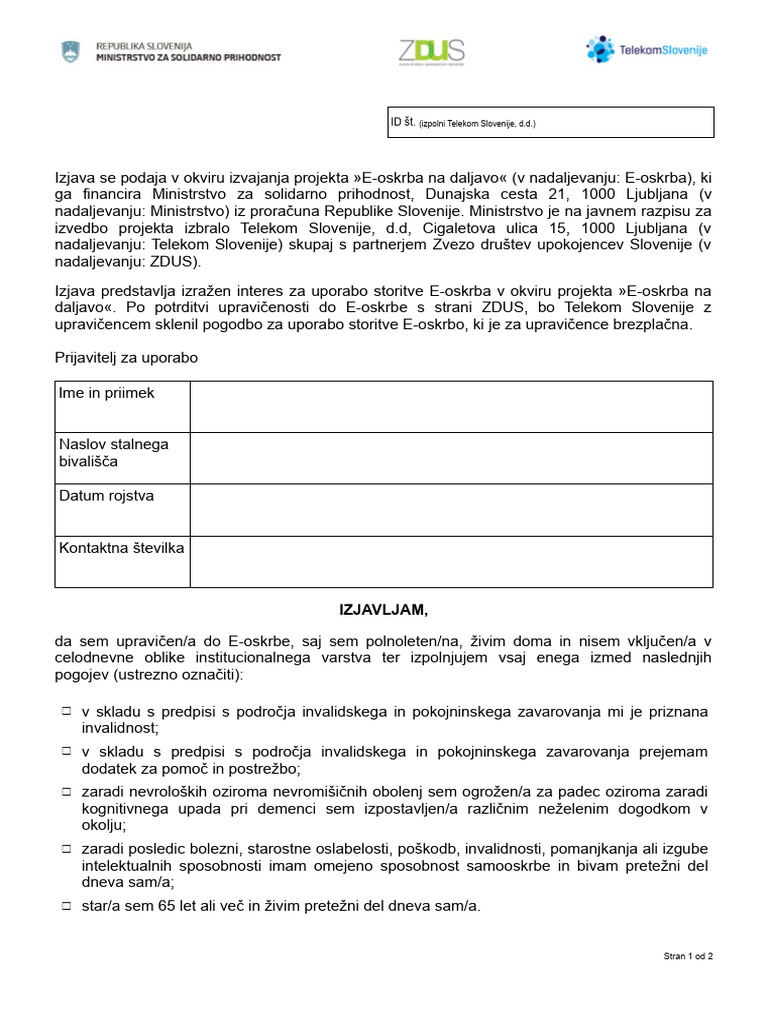 Izjava Za Vkljuc Itev V Projekt e Oskrba Na Daljavo Ver Mar2024!2!1 | PDF