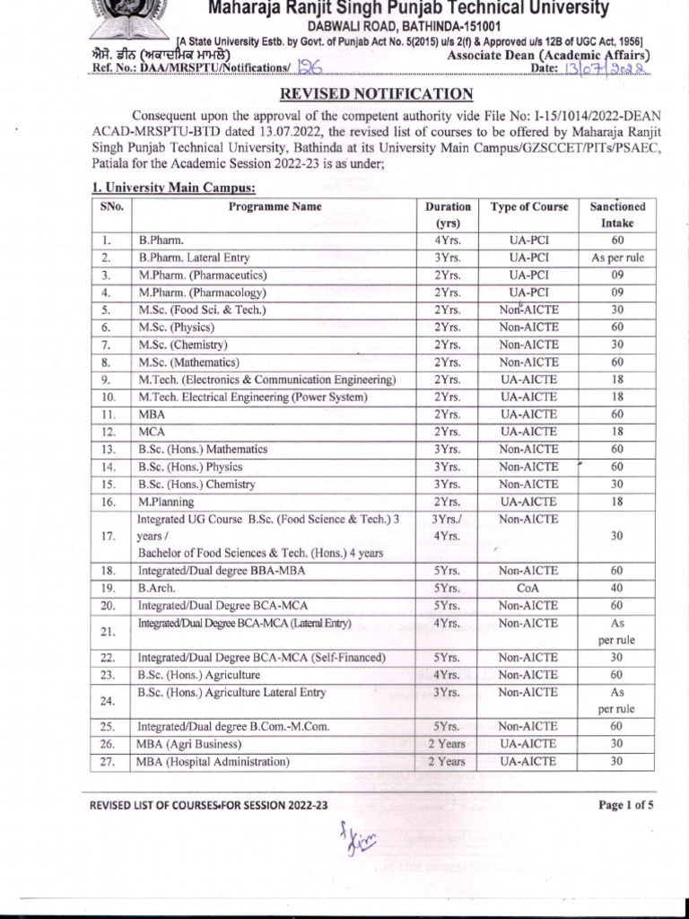 Notification. 126 - Revised List of Courses Offerred in Main Campus ...