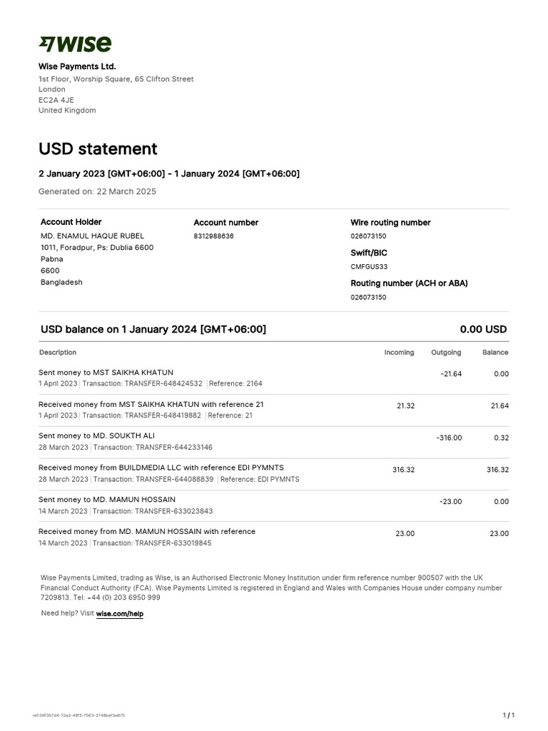 Wise Payments Ltd. Account Statement | PDF | Service Industries | Payments