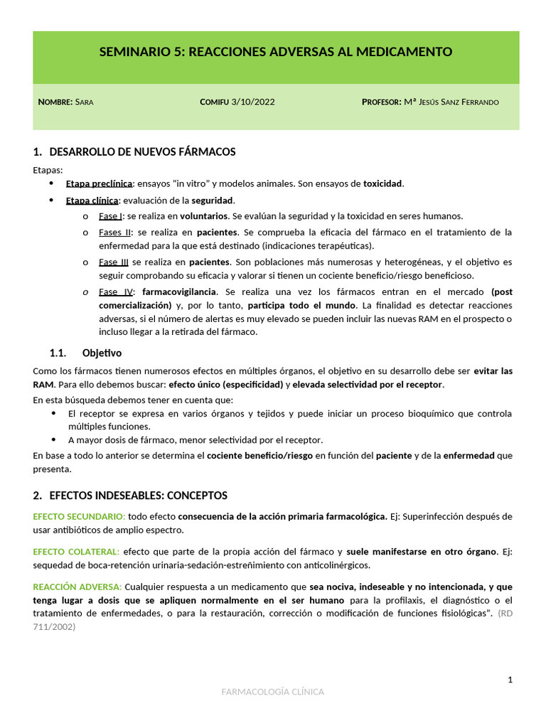 Seminario 5. Reacciones adversas al medicamento | PDF | Medicamentos con receta | Alergia