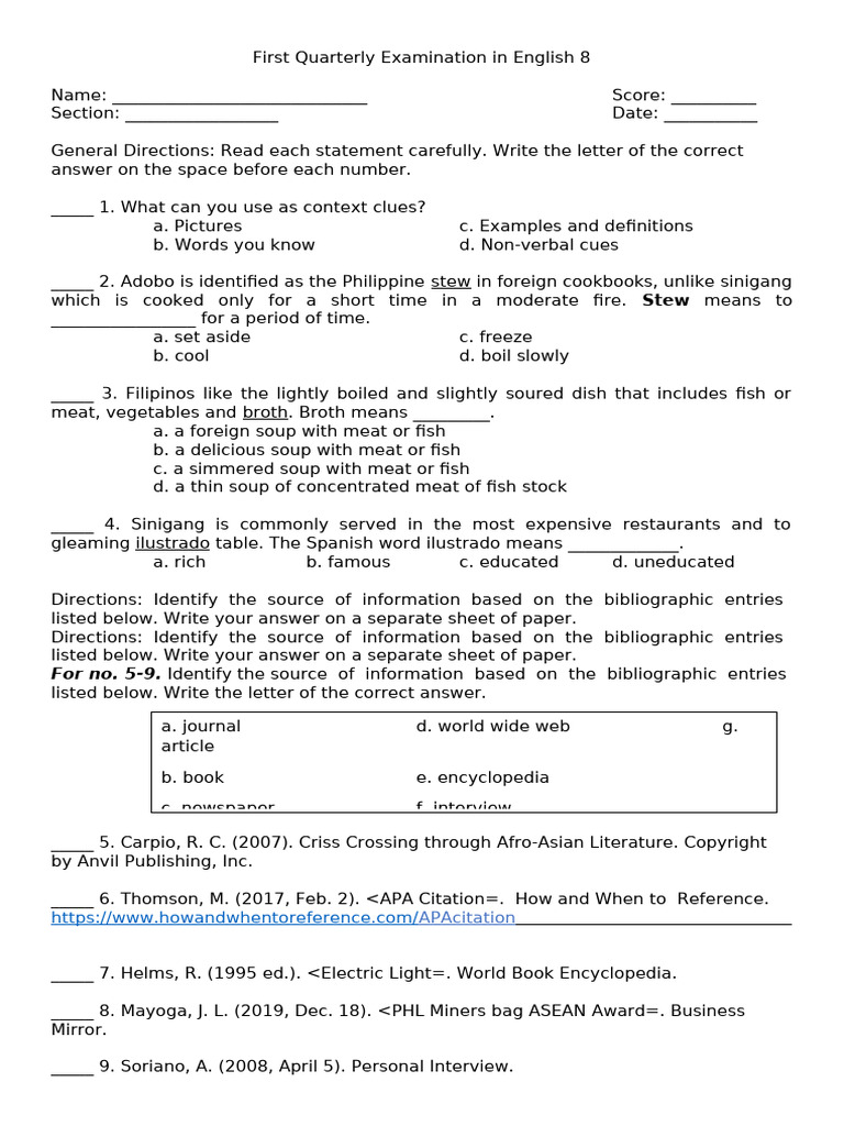 1st Quarterly Examination Grade 9 English | PDF | Soup | Cuisine