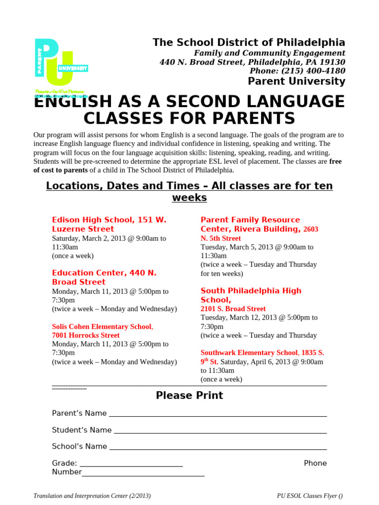 Free ESL Classes for Parents in Philly | PDF | English As A Second Or ...