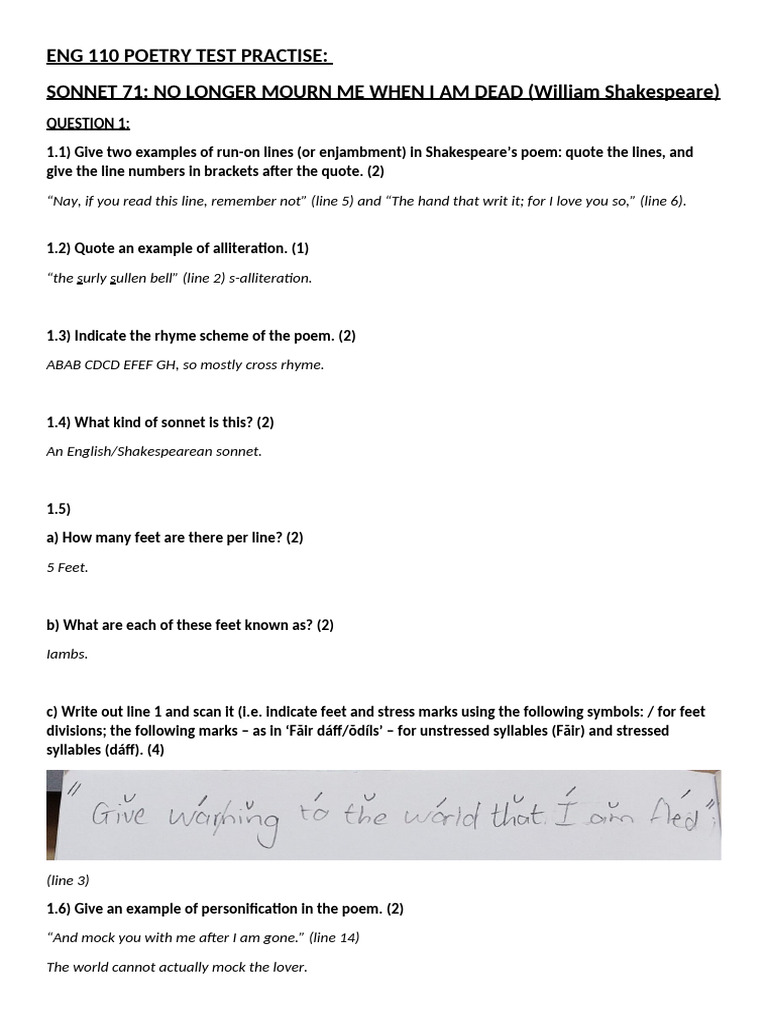 Eng 110 Poetry Test Practise | PDF | Poetry | Stanzaic Form