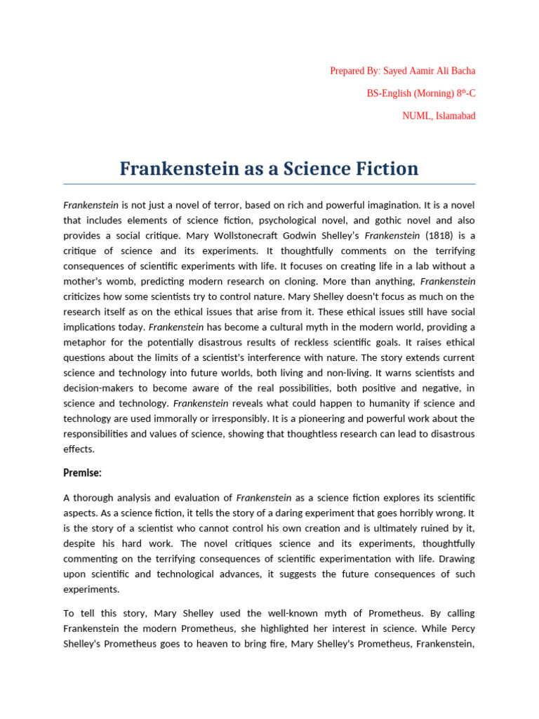 Frankenstein As Science Fiction | PDF | Frankenstein | Prometheus