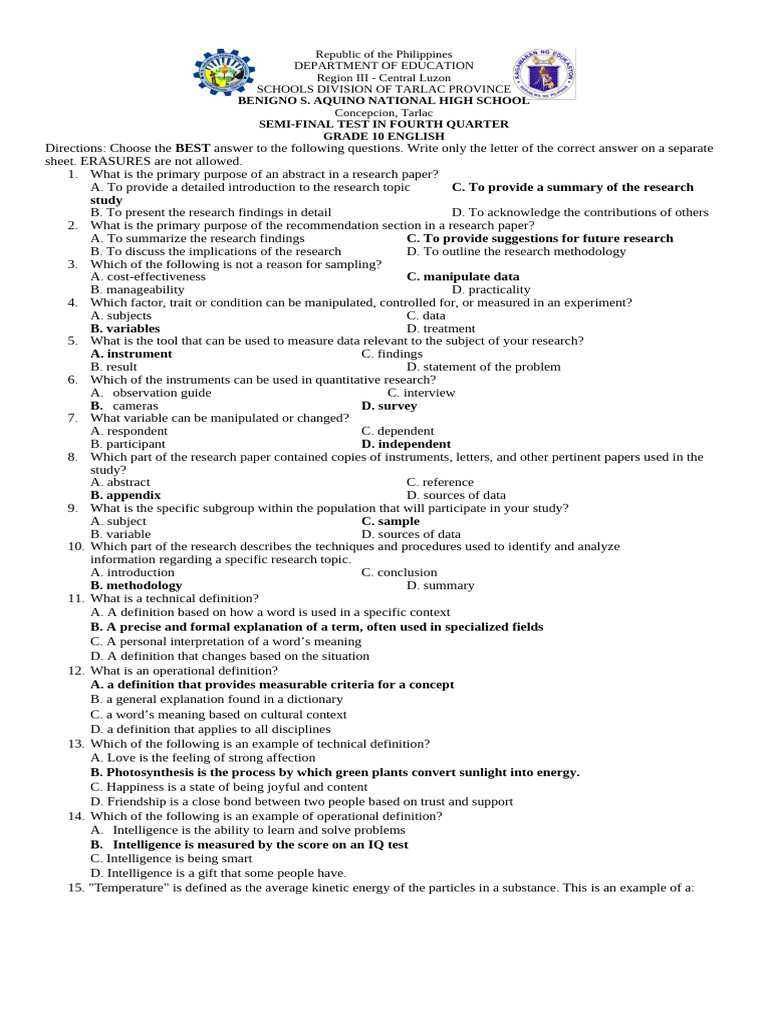 4th-Quarter-Test-ANSWER-KEYS | PDF | Intelligence | Methodology
