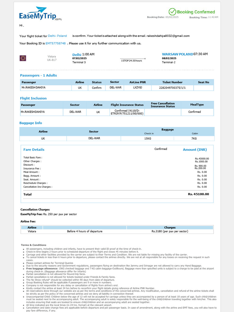 Ease My Trip PDF Air Ticket | PDF | Airlines | Aviation