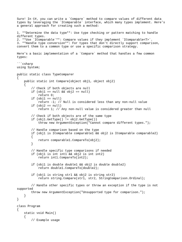 Compare to values of any datatypes | PDF | C Sharp (Programming Language) | Computer Science