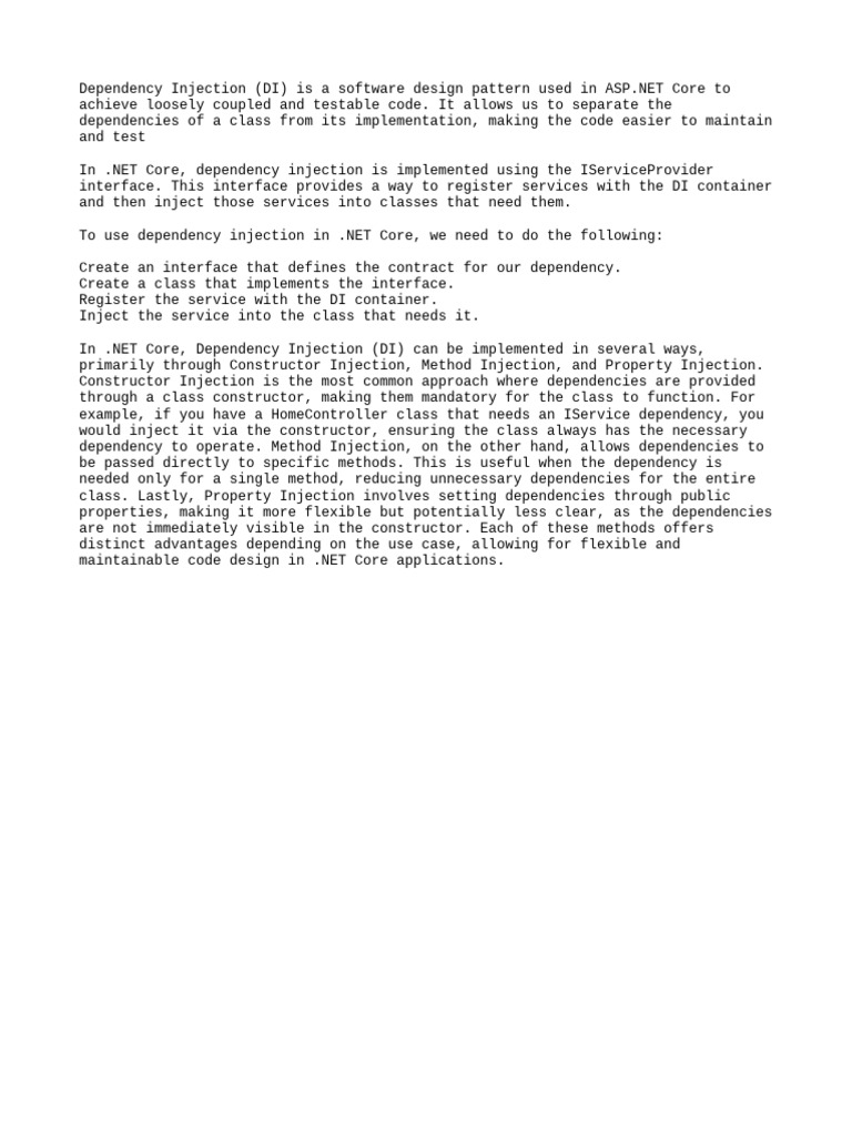 Dependency Injection in Dot Net Core | PDF