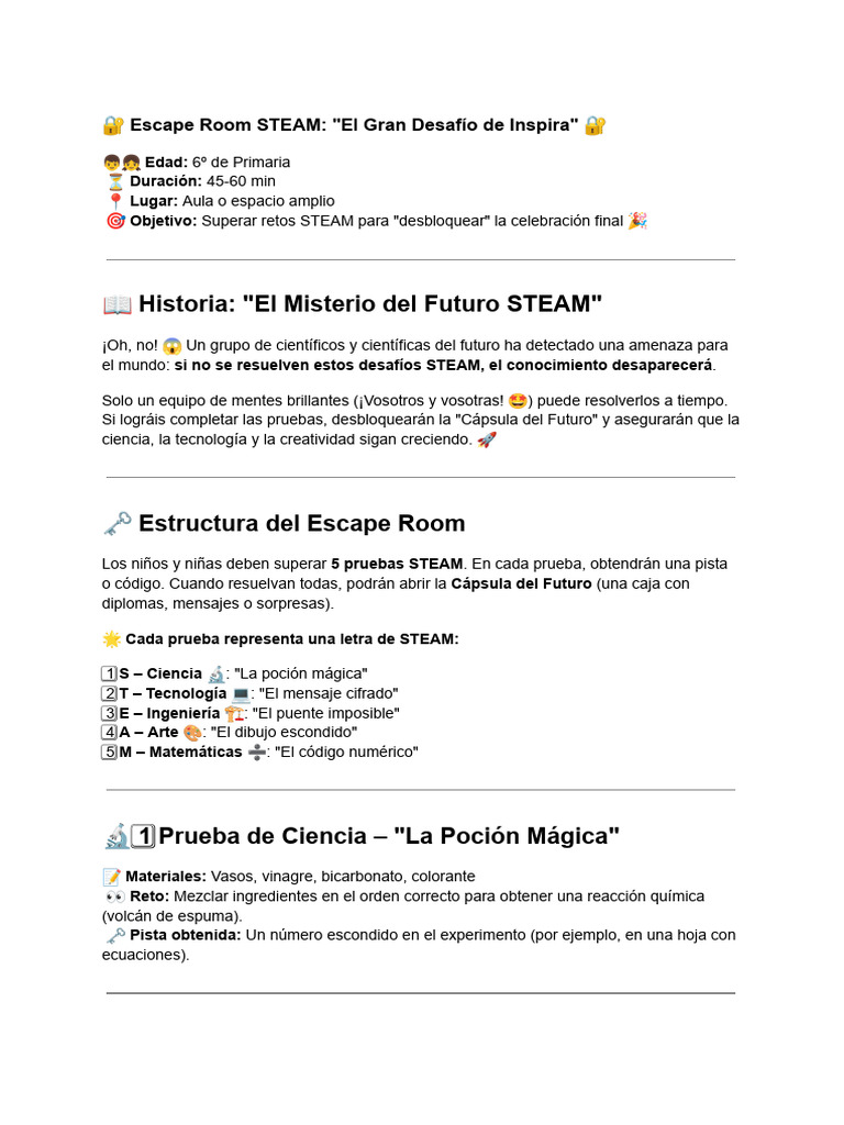 ? Escape Room STEAM - El Gran Desafío de Inspira - ? | PDF