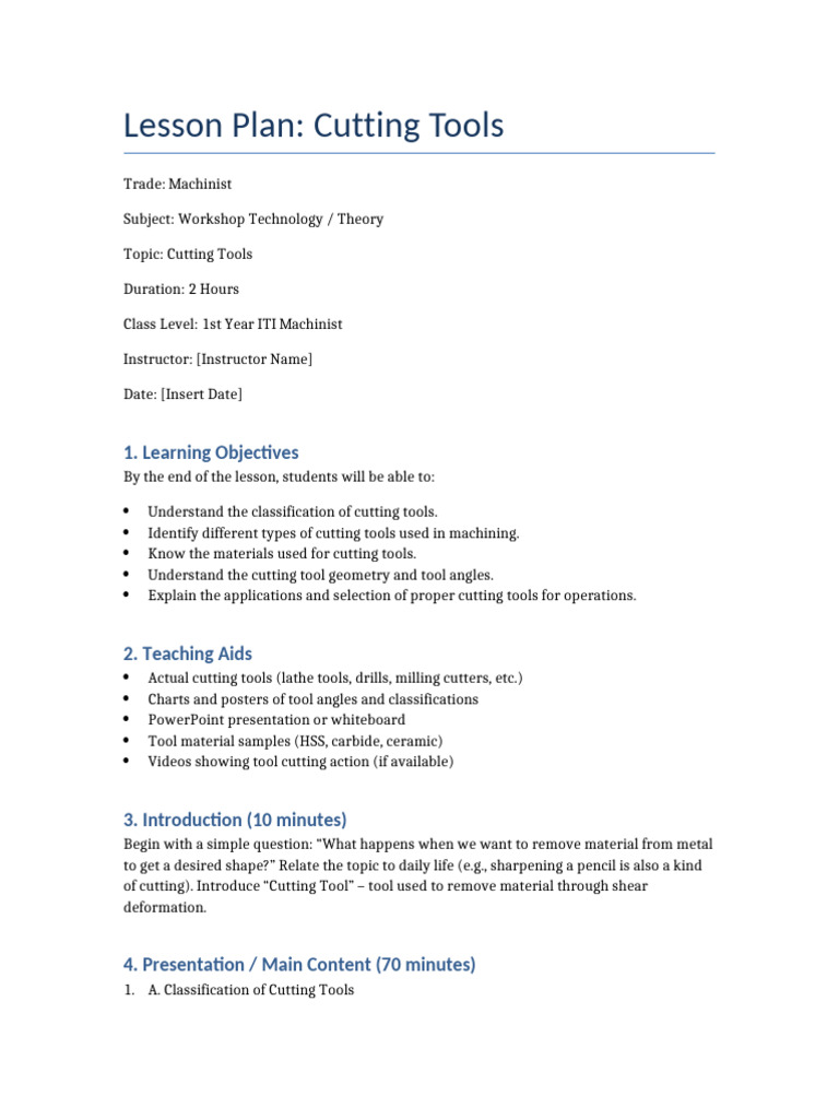 Lesson Plan Cutting Tools Machinist | PDF | Cutting Tools | Metalworking