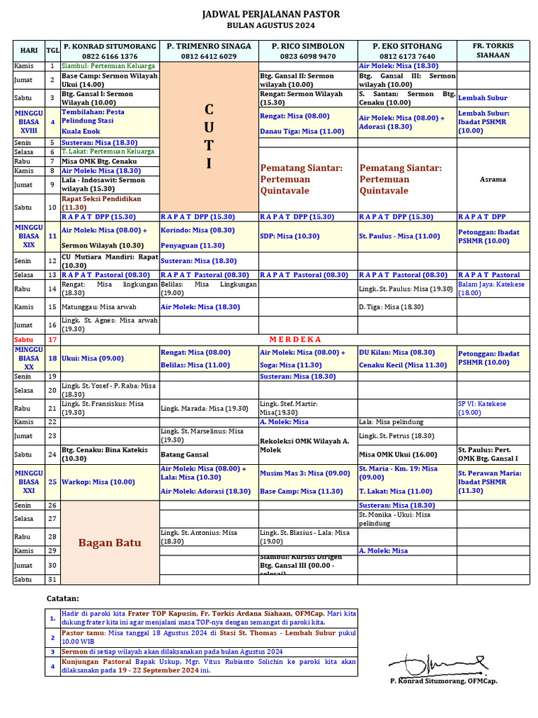 P008 - Jadwal Pelayanan - Agustus 2024 | PDF