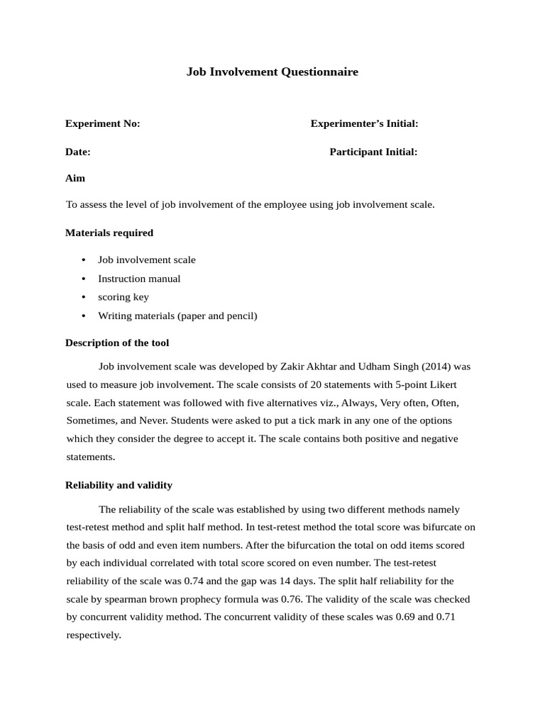 Job Involvement Practical | PDF | Validity (Statistics) | Likert Scale