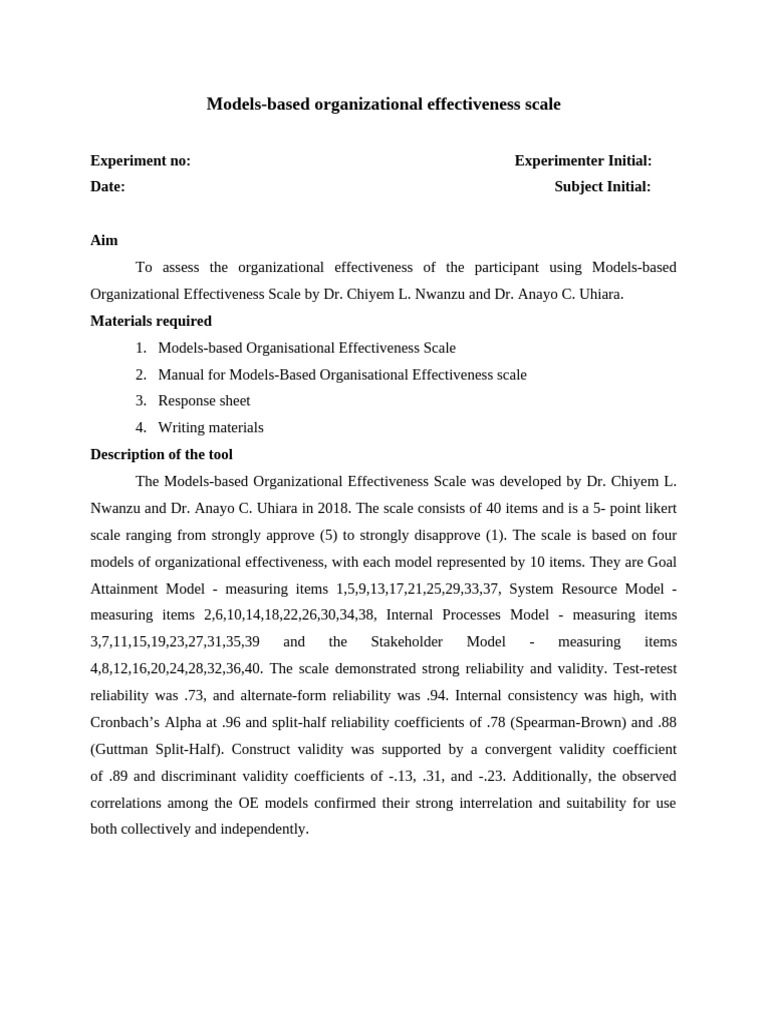 ORGANISATIONAL EFFECTIVENESS SCALE Practical | PDF | Goal | Employment