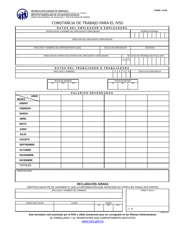 Instrucciones para llenar la planilla 14-100 IVSS | PDF
