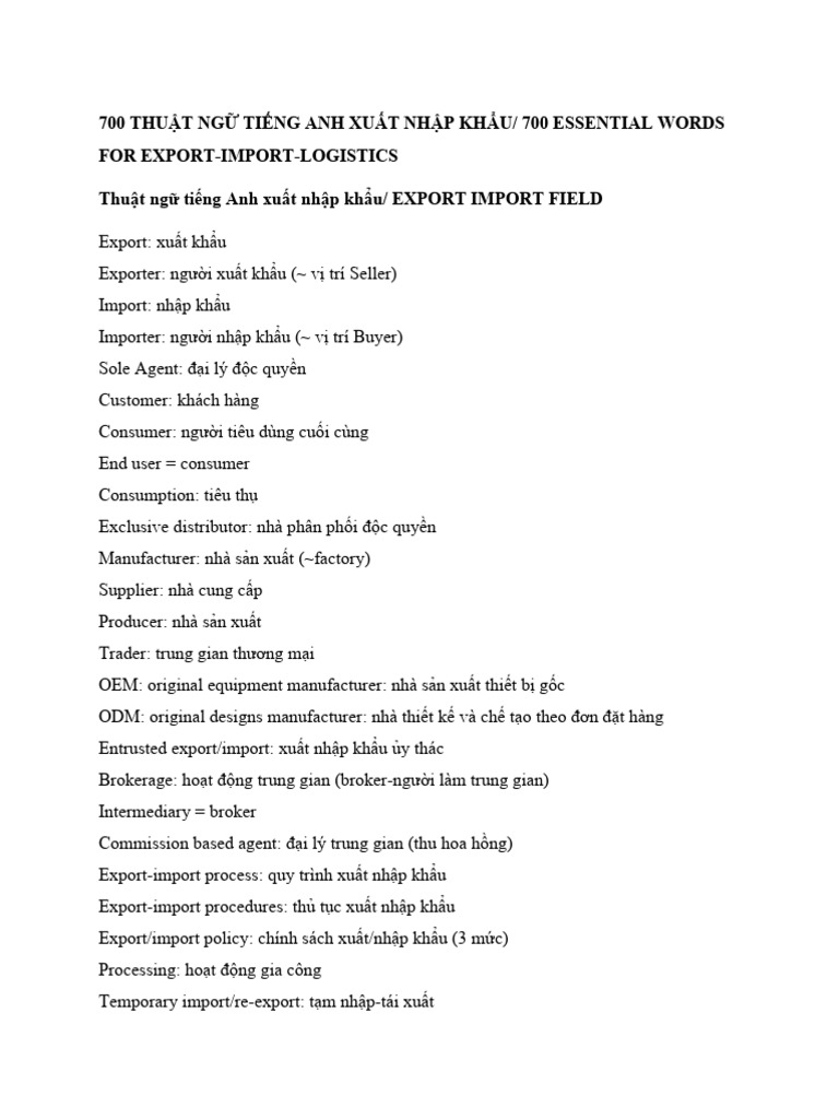 Giải Thích 700 Thuật Ngữ Tiếng Anh XNK | PDF