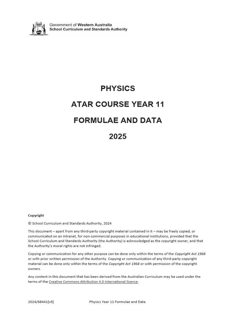 Physics ATAR Y11 Formulae and Data Sheet | PDF | Electronvolt | Neutron