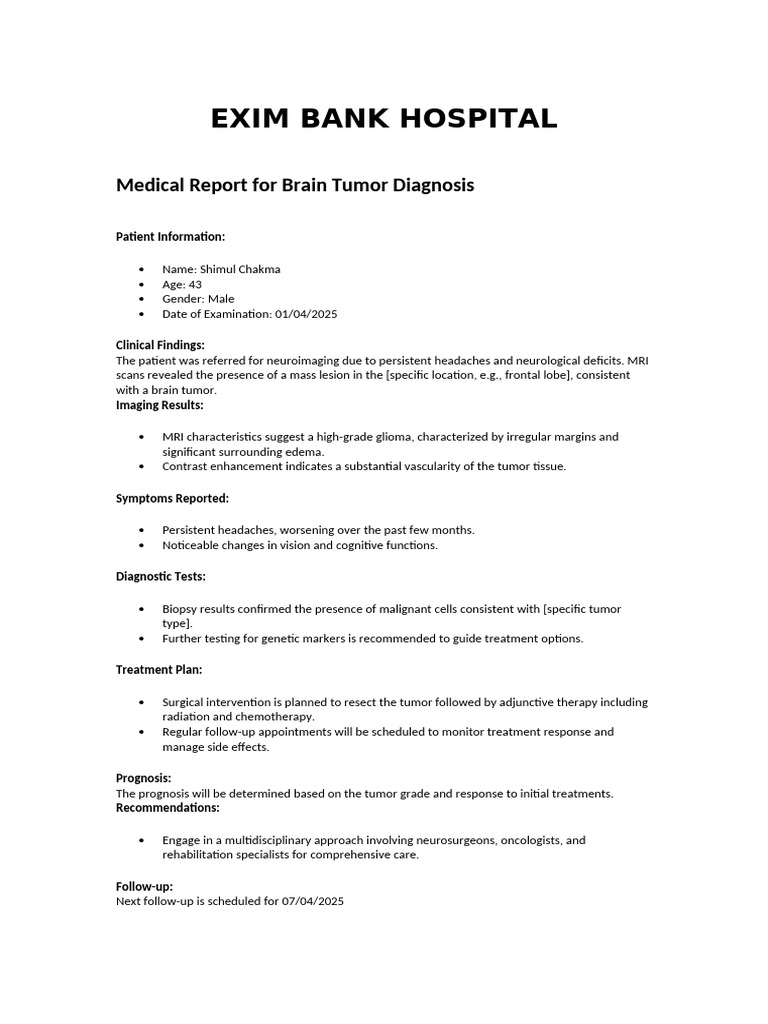 EXIM Bank Hospital Brain Tumor Report | PDF