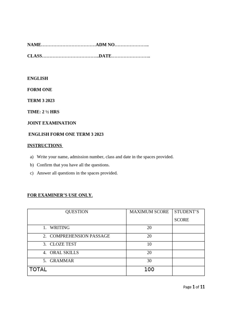 English Form One Term 3 Exam 2023 | PDF