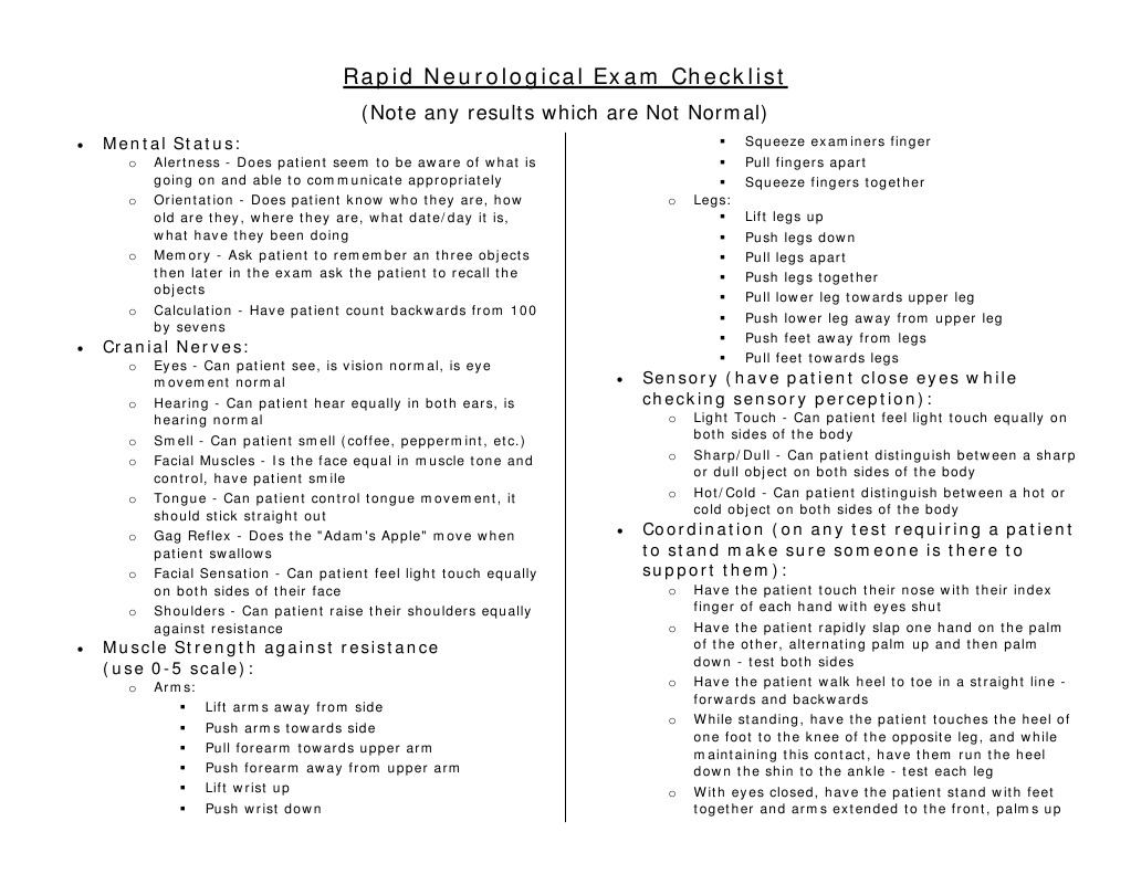 Rapid Neurological Exam Checklist: (Note Any Results Which Are Not ...
