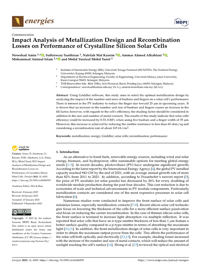 Impact Analysis of Metallization Design and Recomb | PDF | Solar Cell | Photovoltaics