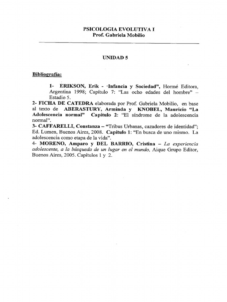 Caratula U5 Texto 2 Ficha de Cátedra La Adolescencia Normal de ...