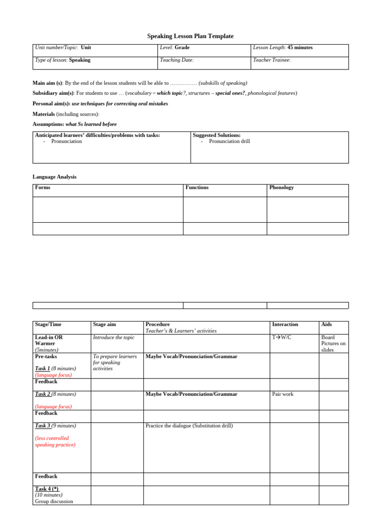 Speaking Lesson Plan Template | PDF