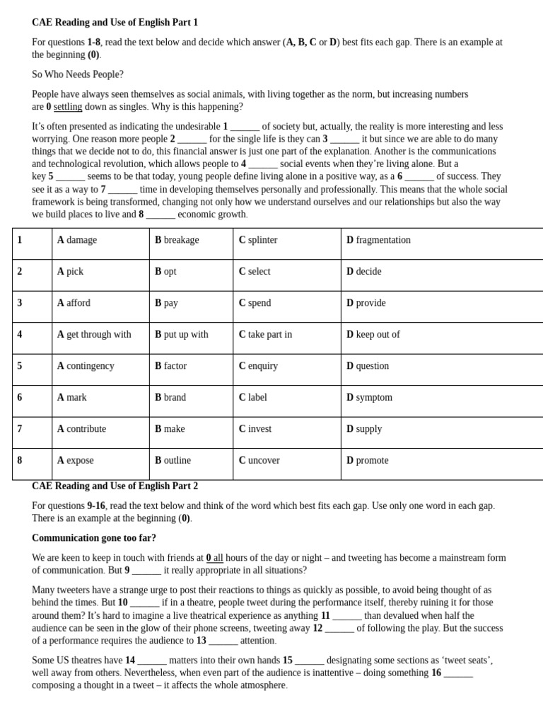 CAE Reading and Use of English Part 1 t6 | PDF