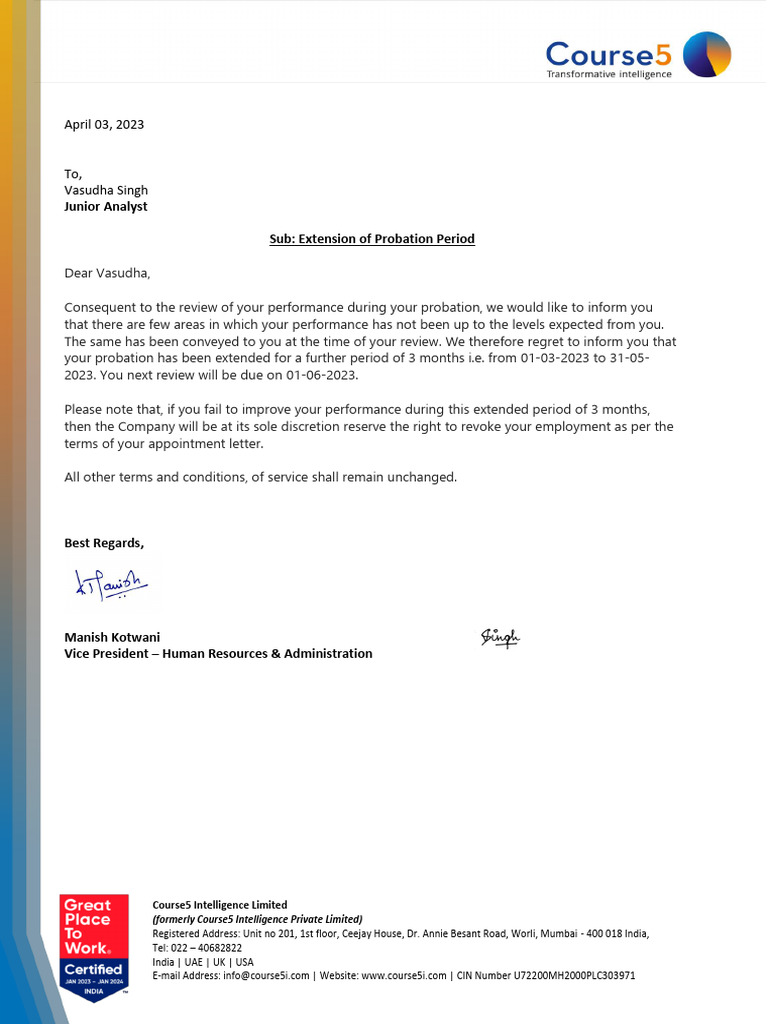 Probation Extension Letter - Vasudha Singh - Encrypted | PDF