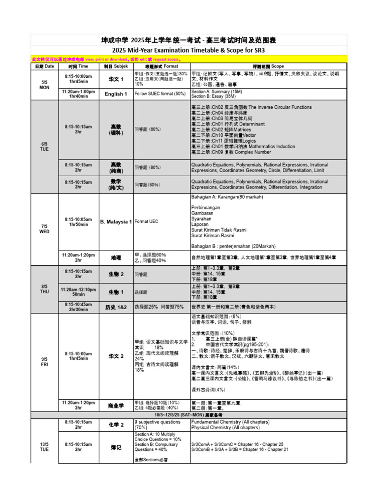 2025年上学年初一小考周 - 统一考试时间及范围表 2025 Mid Year Assessment Timetable & Scope ...