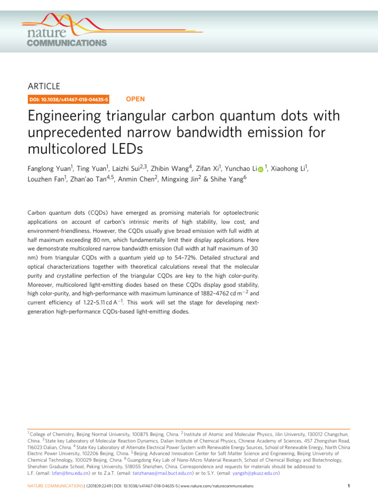Triangular Carbon Quantum Dots for LEDs | PDF | Fluorescence | Emission ...