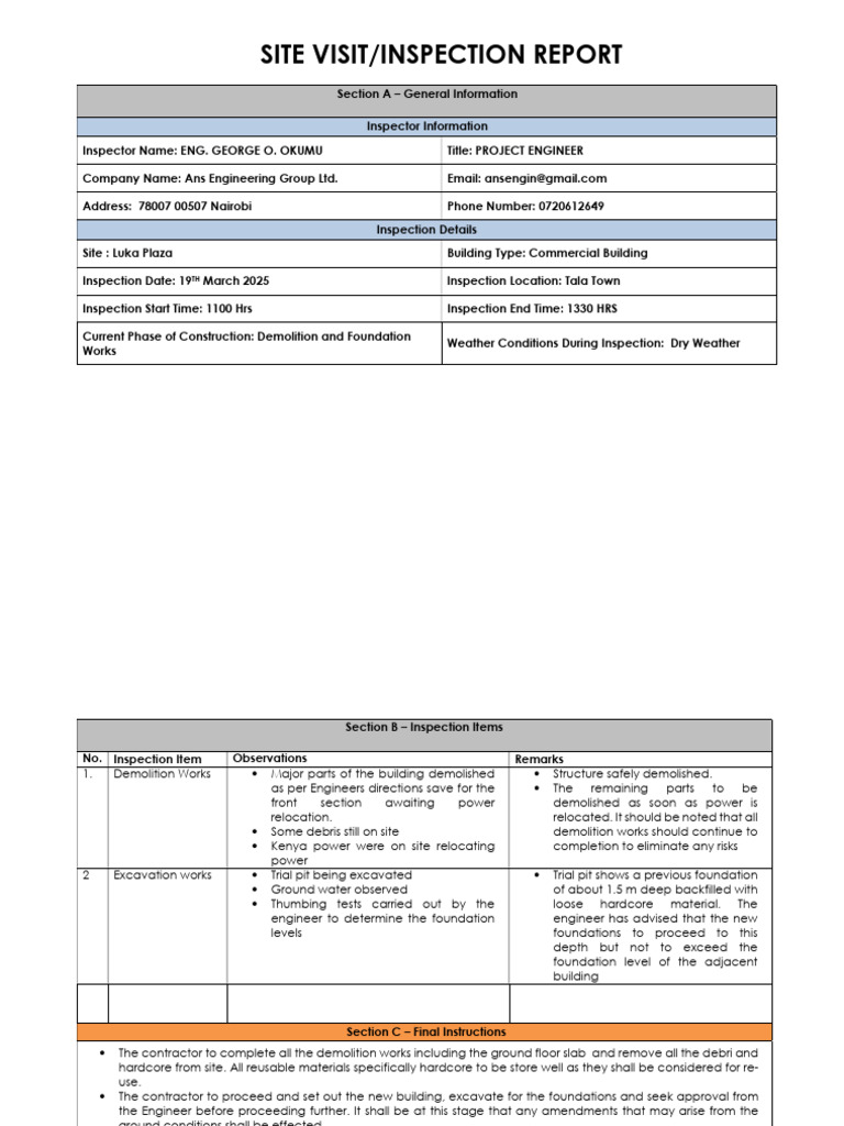 Site Inspection Report Luka Plaza | PDF