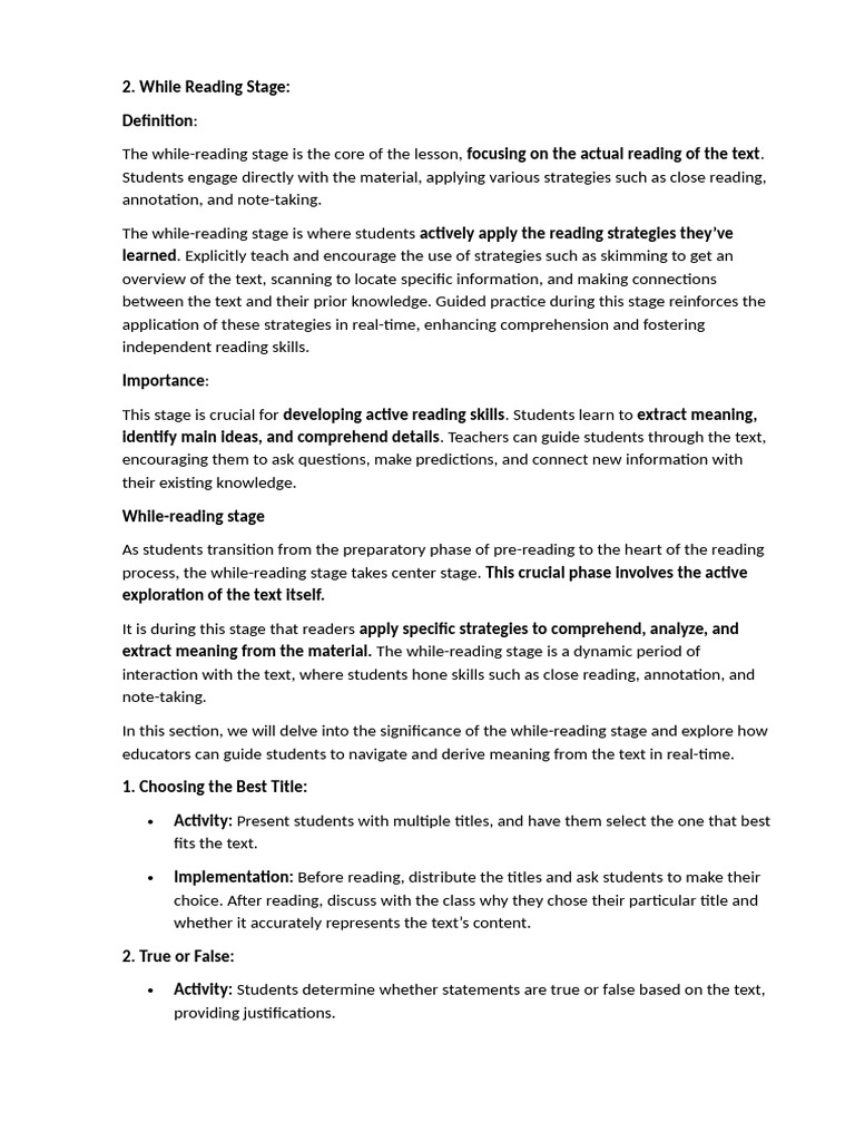While-Reading Activities | PDF | Reading Comprehension | Cognition