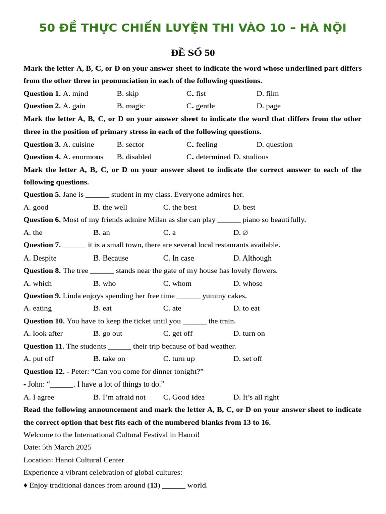 50 ĐỀ THỰC CHIẾN LUYỆN THI VÀO 10 MÔN ANH - HÀ NỘI NĂM 2025 CÓ ĐÁP ÁN BVV ĐỀ SỐ 50 | PDF | Solar ...
