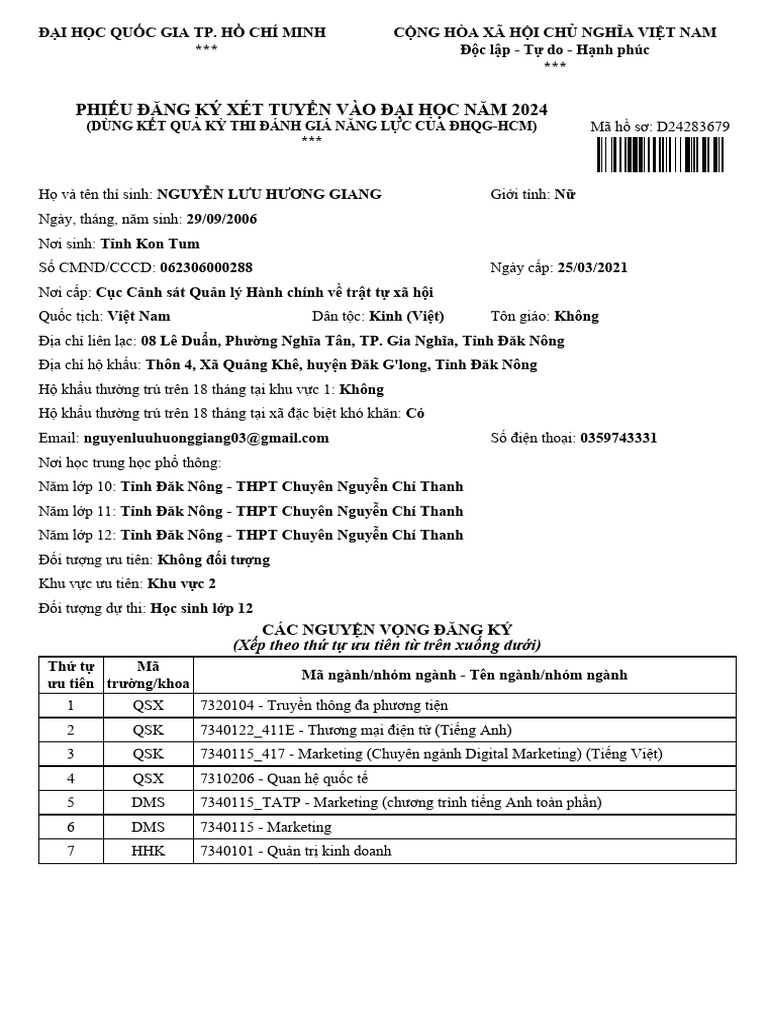 Phieu Dang Ky Xet Tuyen | PDF