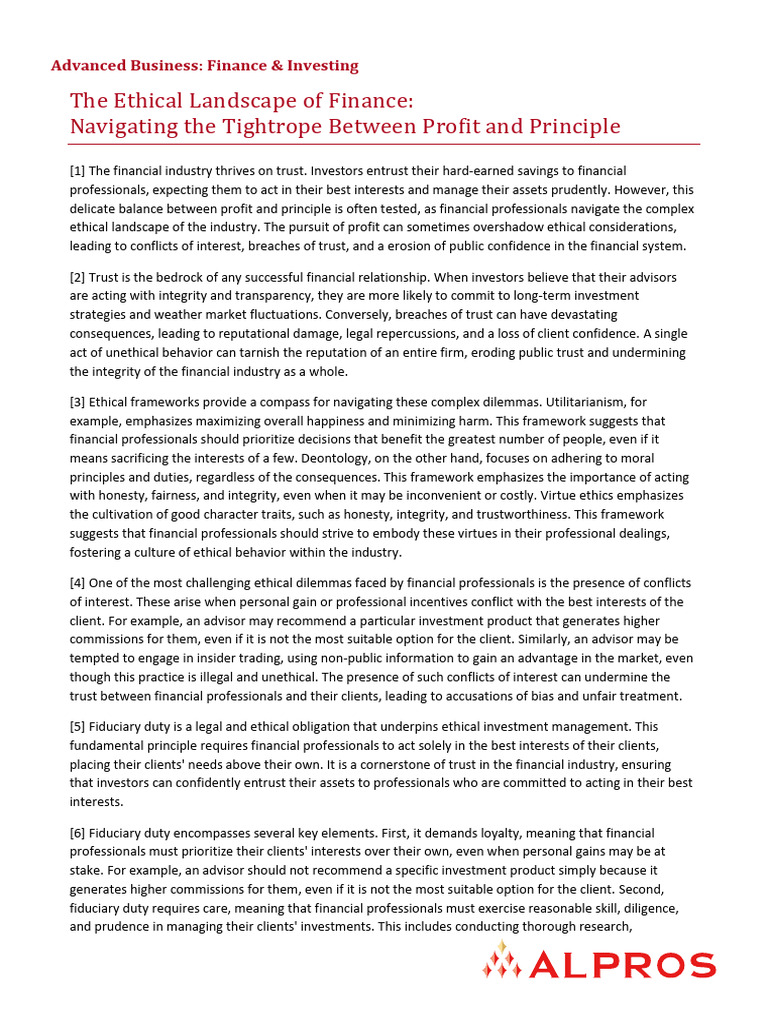 Ethics in Finance: Balancing Profit & Principle | PDF | Fiduciary ...