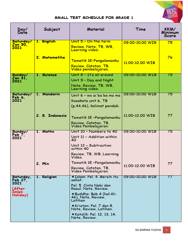 Jadwal ST Kelas 1 Before Mid Sem 2 New | PDF