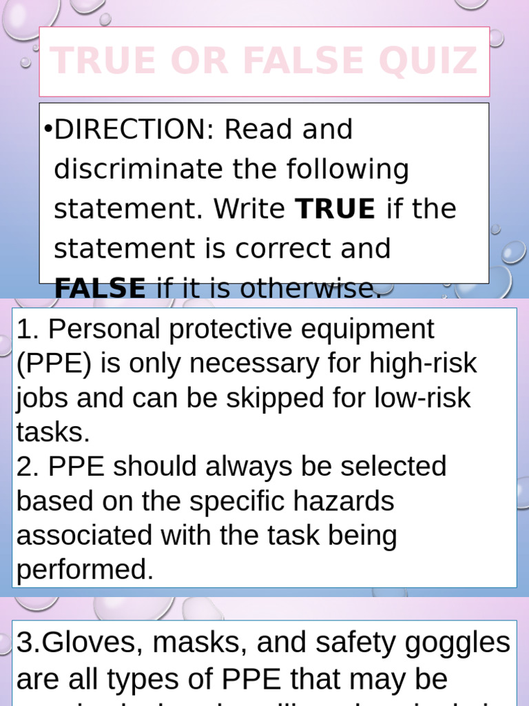 True of False Quiz On PPE | PDF | Personal Protective Equipment ...