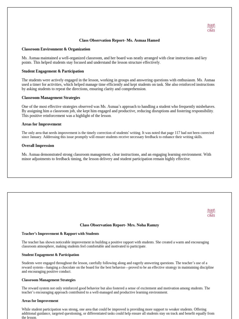 Class Observation Report-Ms. Asmaa Hamed: Classroom Environment ...